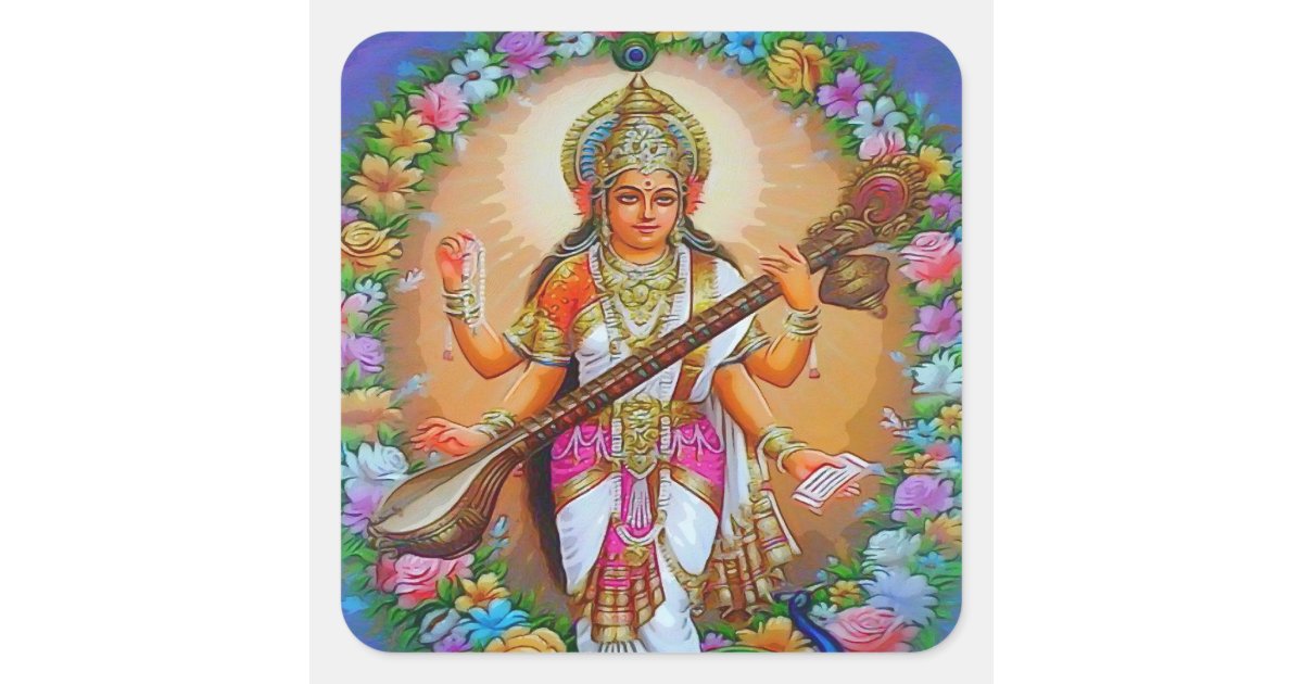 Beautiful Goddess Saraswati Square Sticker | Zazzle
