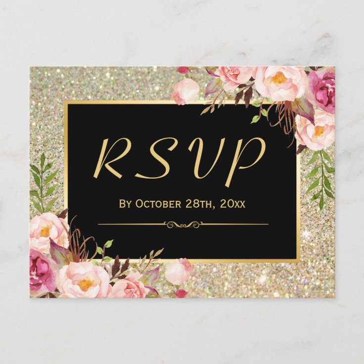 Beautiful Gold Glitter Floral RSVP Response Invitation Postcard | Zazzle