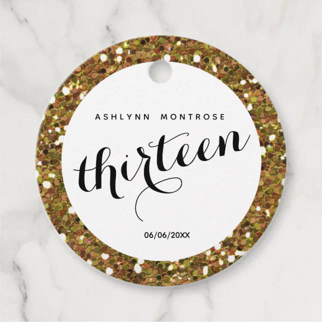 Beautiful Gold Glitter Thirteen Birthday Favor Tags | Zazzle
