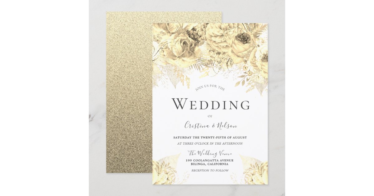 Beautiful Golden Flowers Elegant Wedding Invitation | Zazzle