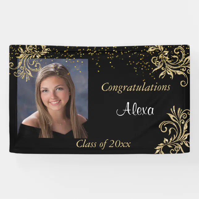 Beautiful, Graduation, Gold Glitter, Custom Photo, Banner | Zazzle