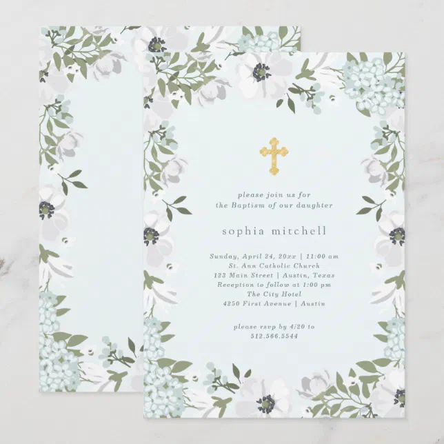 Beautiful Gray and White Floral on Blue | Baptism Invitation | Zazzle