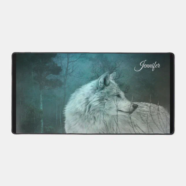 Beautiful Gray Wolf in a Dark Forest Desk Mat | Zazzle