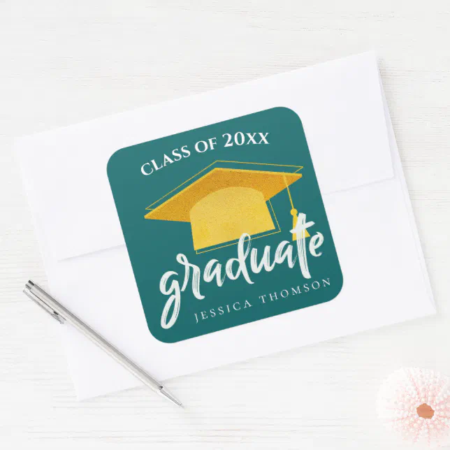 Beautiful Green Gold Grad Hat 2024 Graduation Square Sticker | Zazzle