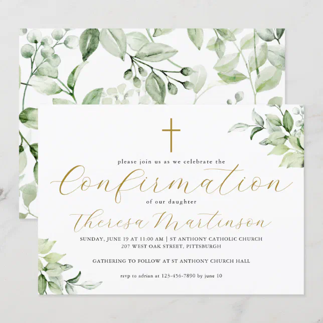 Beautiful Greenery and Cross Confirmation Invitation | Zazzle