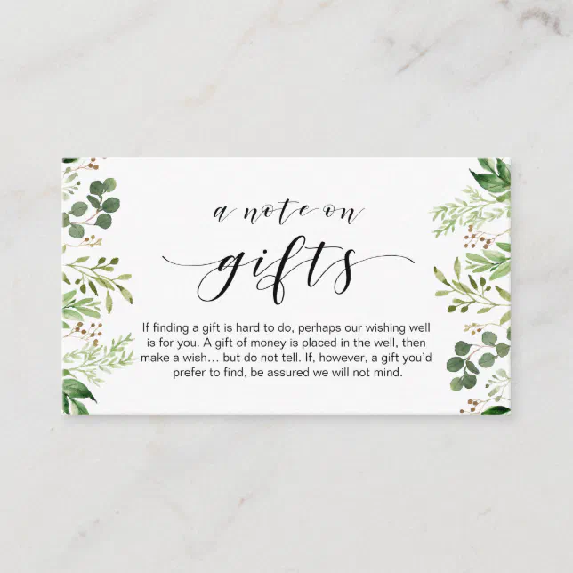 Beautiful greenery, Black font, A note on gifts Enclosure Card | Zazzle