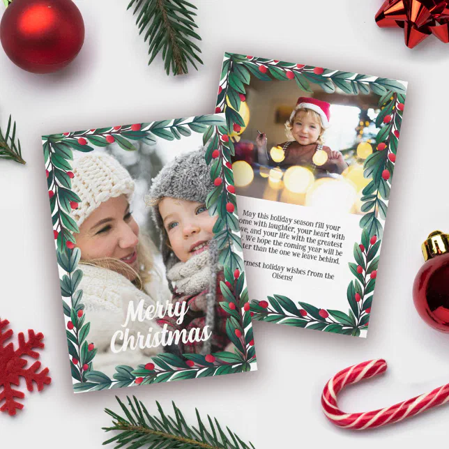 Beautiful Greenery Frame Merry Christmas 2 Photo Holiday Card | Zazzle