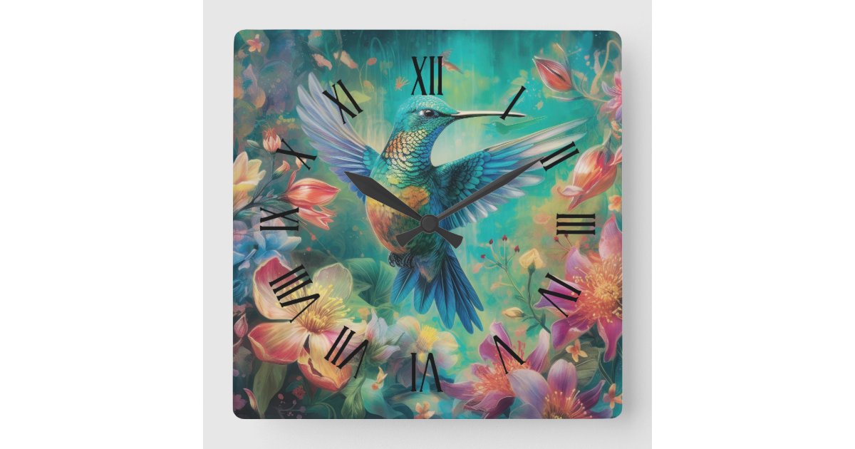 Beautiful Hummingbird Surrounded by Flowers Square Wall Clock | Zazzle