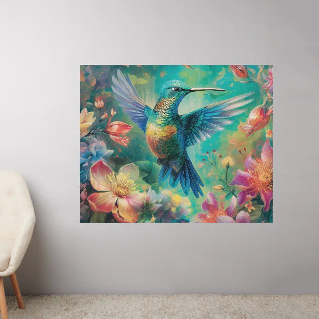 Beautiful Hummingbird Surrounded by Flowers Wall Decal | Zazzle