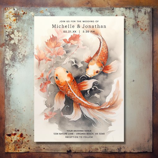 Beautiful Japanese Koi Fish Orange Beige Wedding Invitation | Zazzle