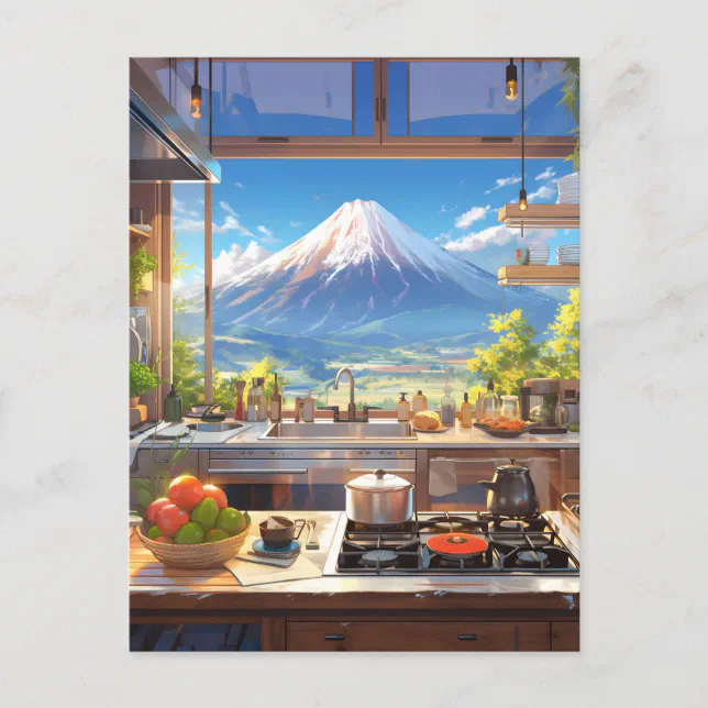 Beautiful Kitchen with View of Mount Fuji Postcard | Zazzle