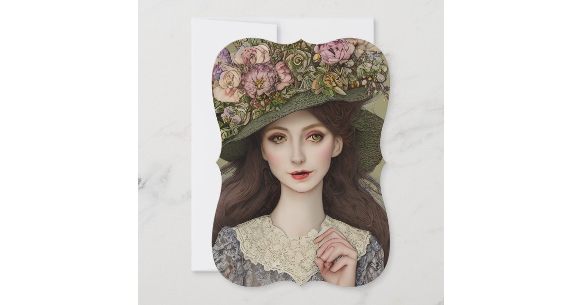 Beautiful Lady in Vintage High Button Down Collar Note Card | Zazzle