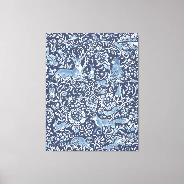 Beautiful Large Blue White Woodland Animal Pattern Canvas Print | Zazzle