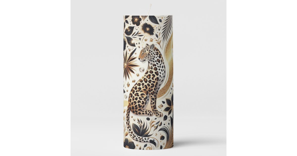 Beautiful Leopard and Gold Glitter Pillar Candle | Zazzle