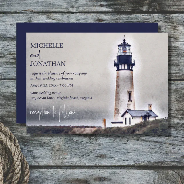 Beautiful Lighthouse Nautical Beach Wedding Invitation | Zazzle