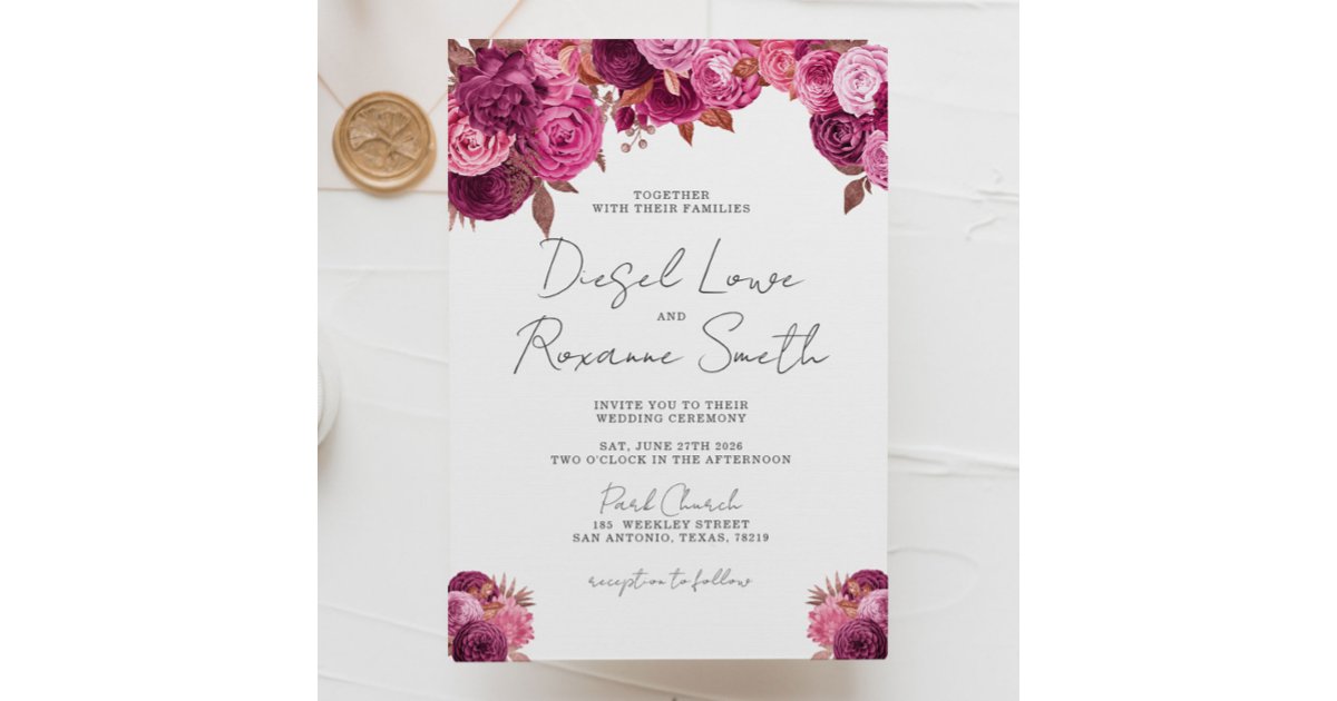 Beautiful Magenta Pink Floral Wedding Invitation | Zazzle