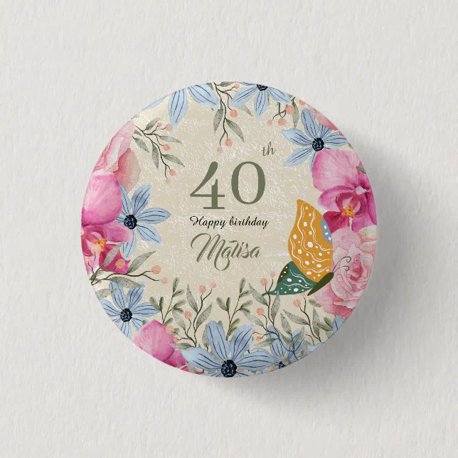 Beautiful match Modern rustic floral 40th birthday Button | Zazzle