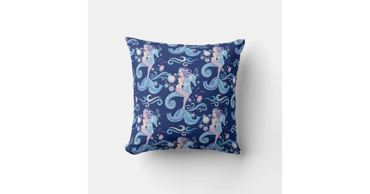 Beautiful mermaid riding a seahorse underwater throw pillow | Zazzle