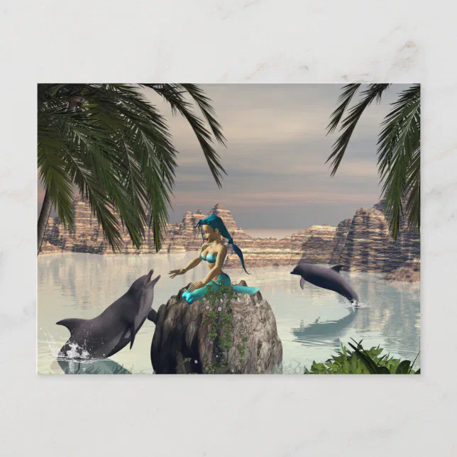 Beautiful mermaid sitting on a rock postcard | Zazzle