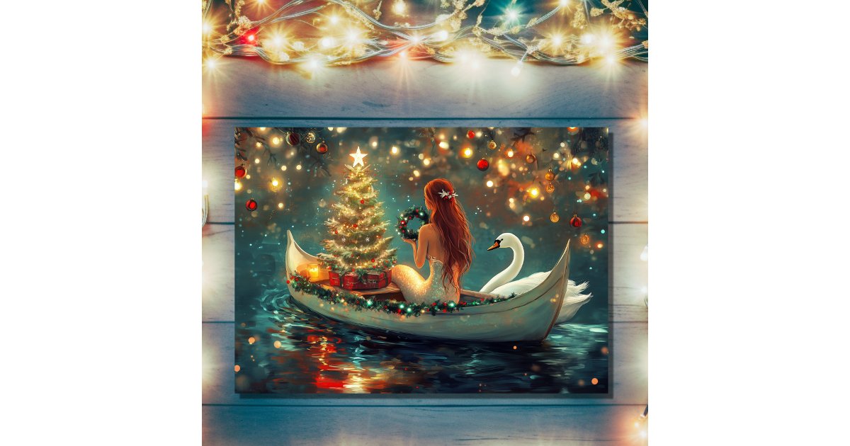 Beautiful Mermaid with Swan Christmas Holiday Card | Zazzle