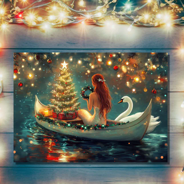Beautiful Mermaid with Swan Christmas Holiday Card | Zazzle