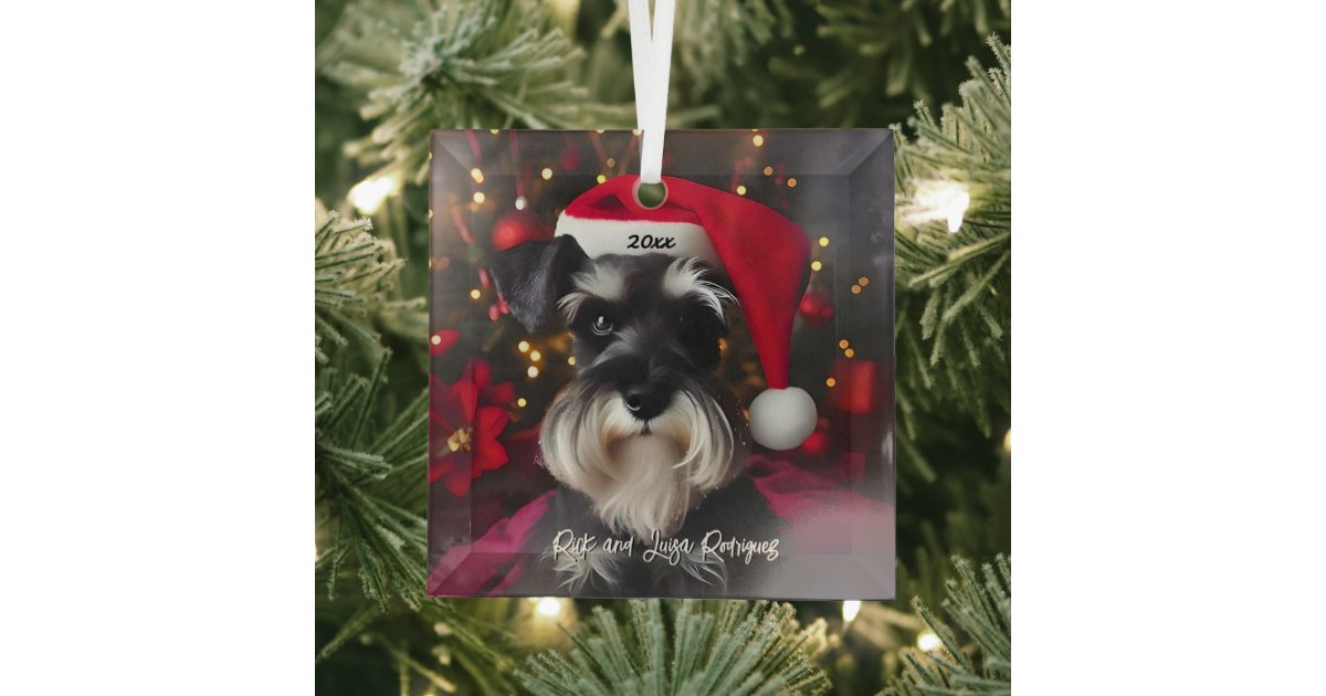 Beautiful Miniature Schnauzer with Santa Hat Glass Ornament | Zazzle