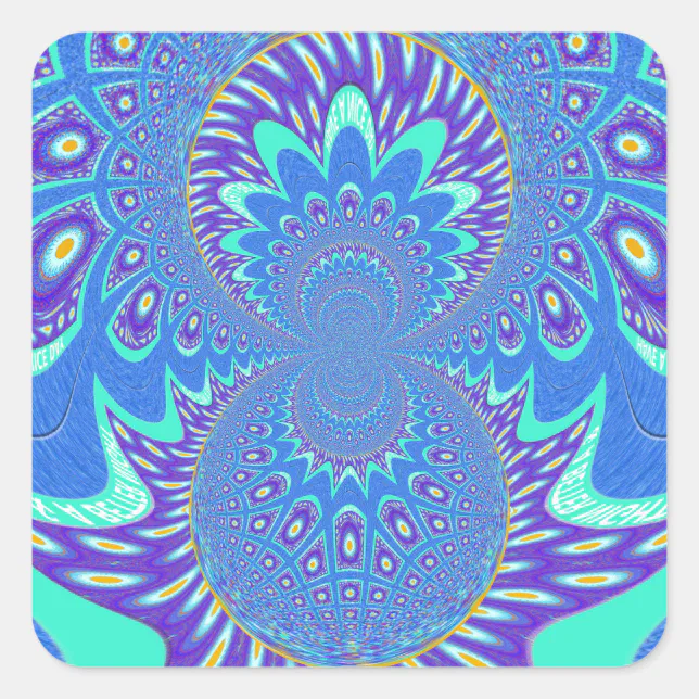 Beautiful Modern Cyan Blue batik Kaleidoscope Art Square Sticker | Zazzle