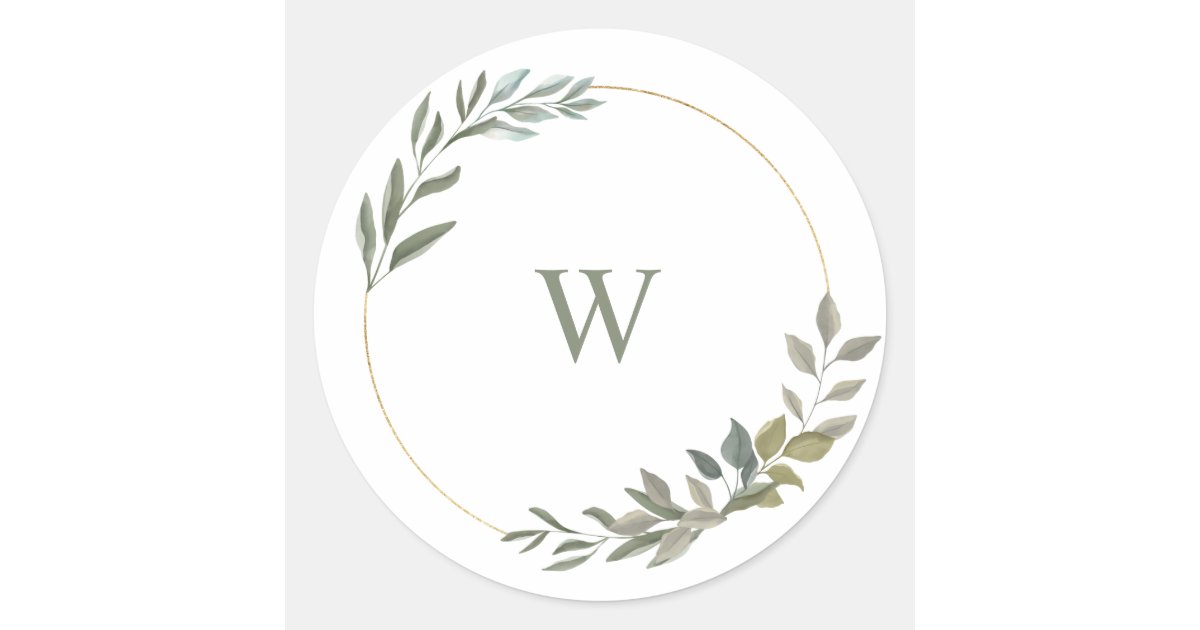 Beautiful Monogram Greenery Watercolor wreath Classic Round Sticker ...