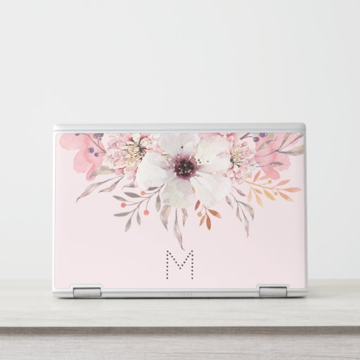 Beautiful Monogram Pink Floral HP Laptop Skin | Zazzle