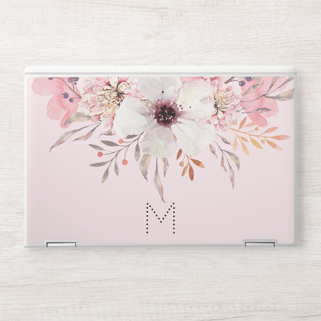 Beautiful Monogram Pink Floral HP Laptop Skin | Zazzle