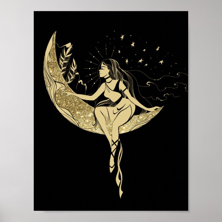 Beautiful moon stars woman art deco illustration poster | Zazzle