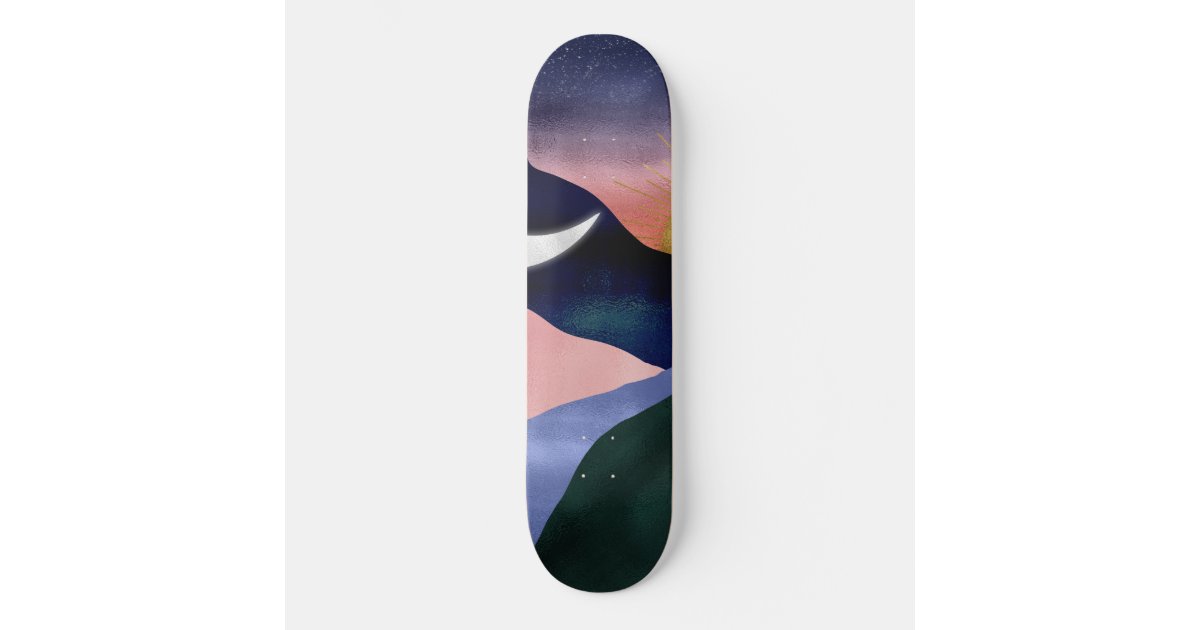 Beautiful Mountain River Moon Sunset Design Skateboard | Zazzle
