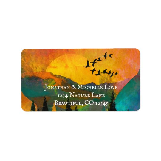 Beautiful Mountain Sunset, Trees and Birds Address Label | Zazzle.com