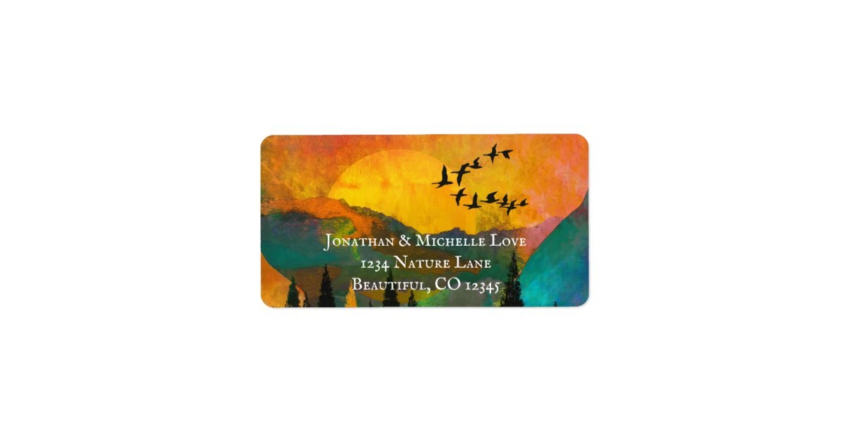 Beautiful Mountain Sunset, Trees and Birds Address Label | Zazzle