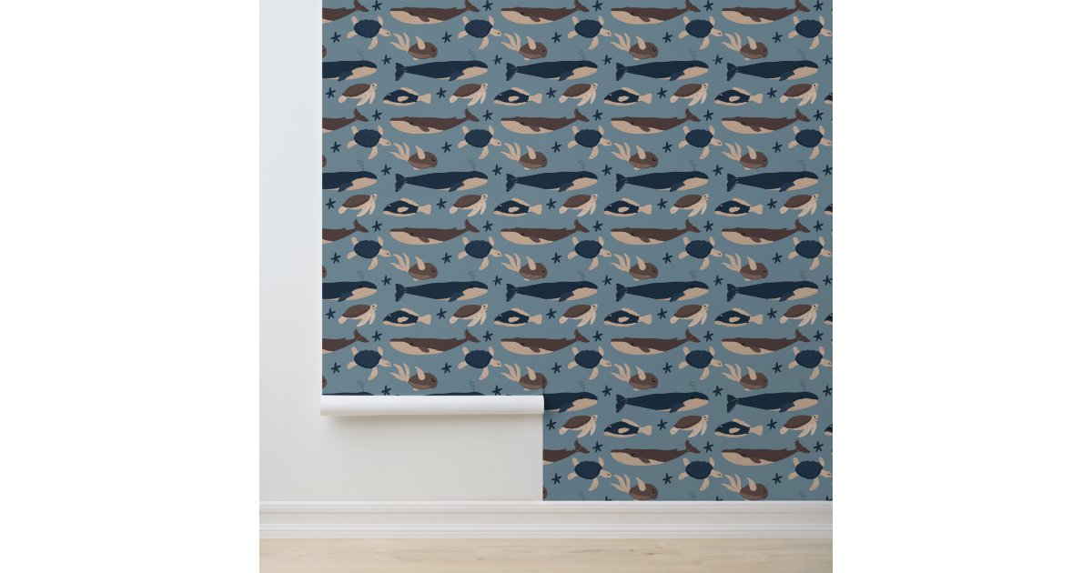 Beautiful Navy Whales Turtles and Fish Wallpaper | Zazzle