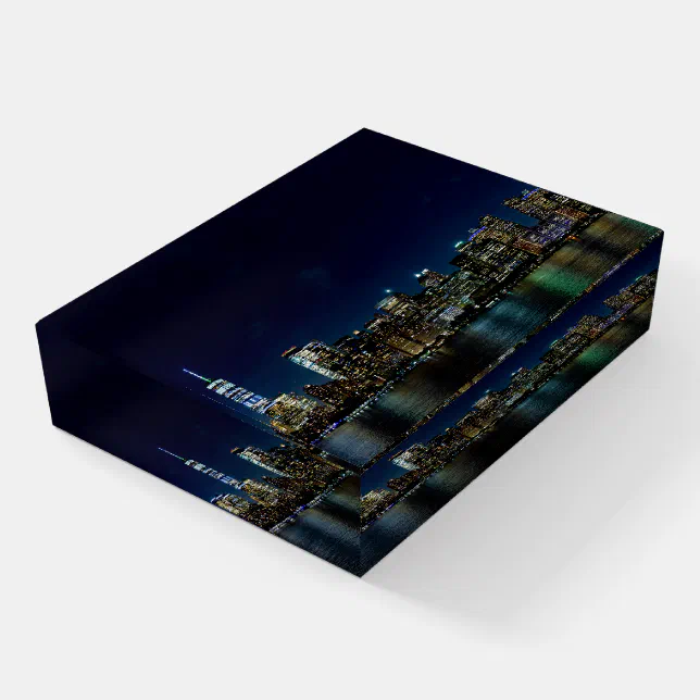 Beautiful New York Skyline at Night Paperweight | Zazzle