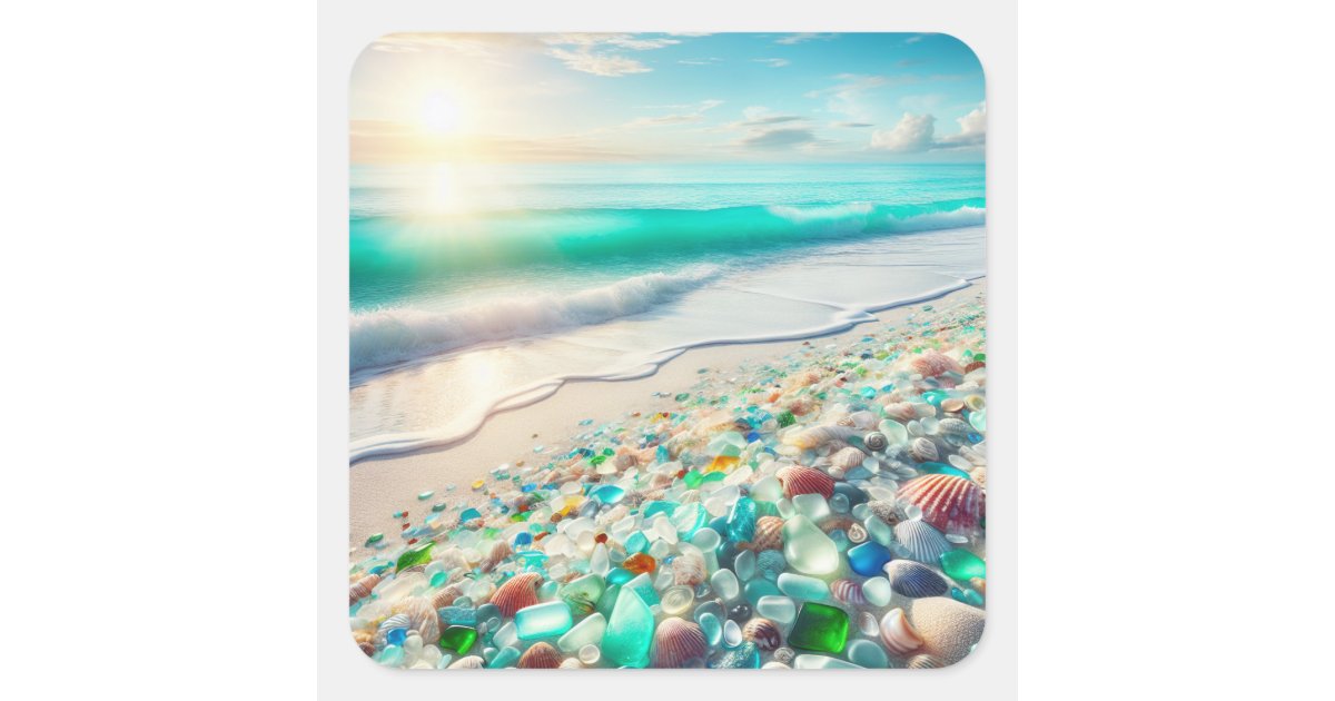 Beautiful Ocean Waves and Sea Glass Square Sticker | Zazzle