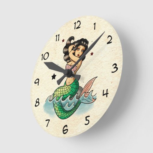 Beautiful Old School Mermaid Round Clock | Zazzle