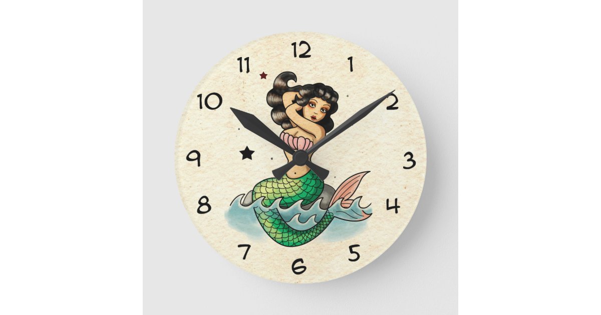 Beautiful Old School Mermaid Round Clock | Zazzle