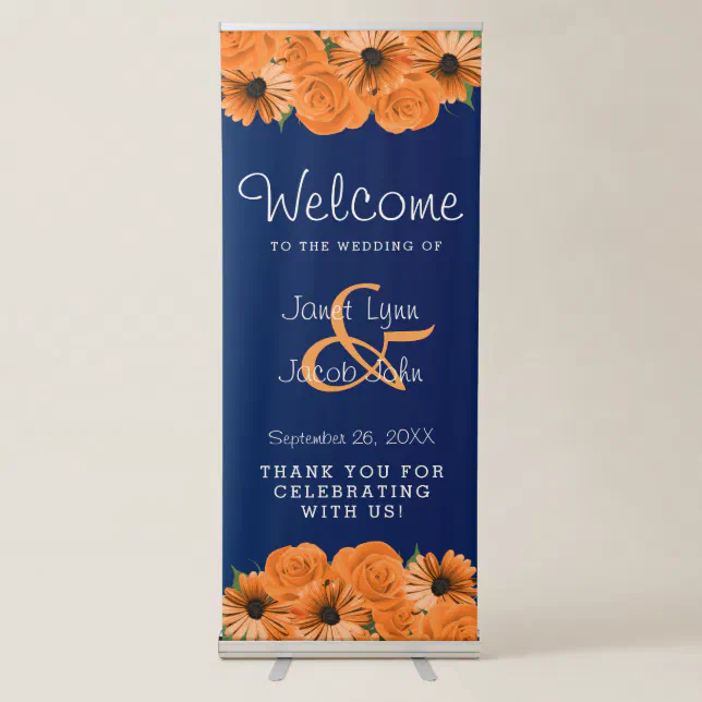 Beautiful Orange and Navy Blue Flowers Retractable Banner | Zazzle