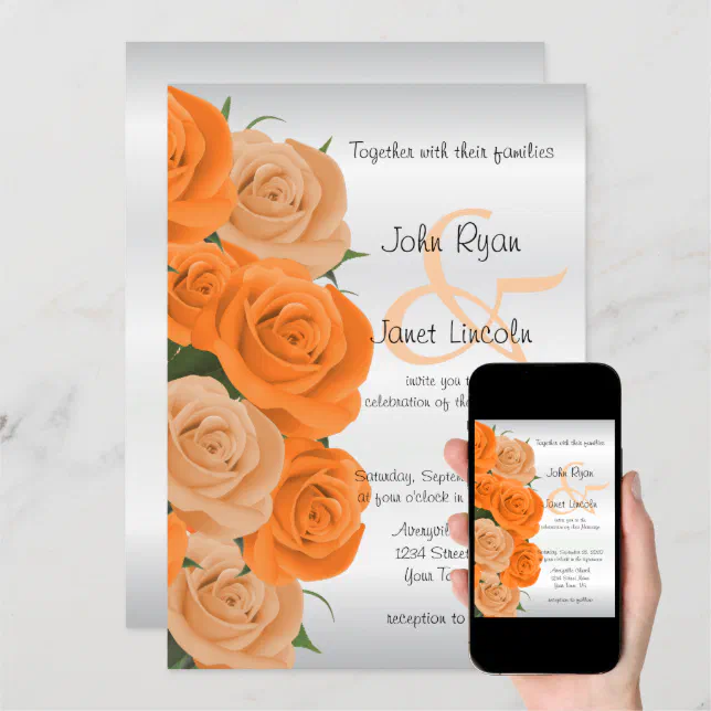 Beautiful Orange Rose Flower Wedding Invitations | Zazzle