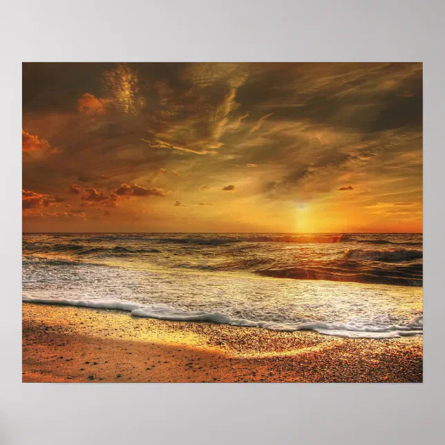 Beautiful Orange Sunset on the Beach Poster | Zazzle