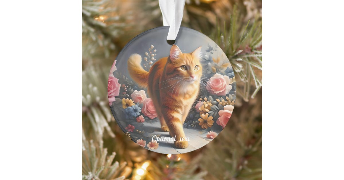 Beautiful Orange Tabby Cat and Flowers Ornament | Zazzle