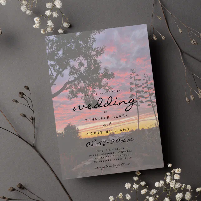 Beautiful orange yellow sunset countryside wedding invitation | Zazzle