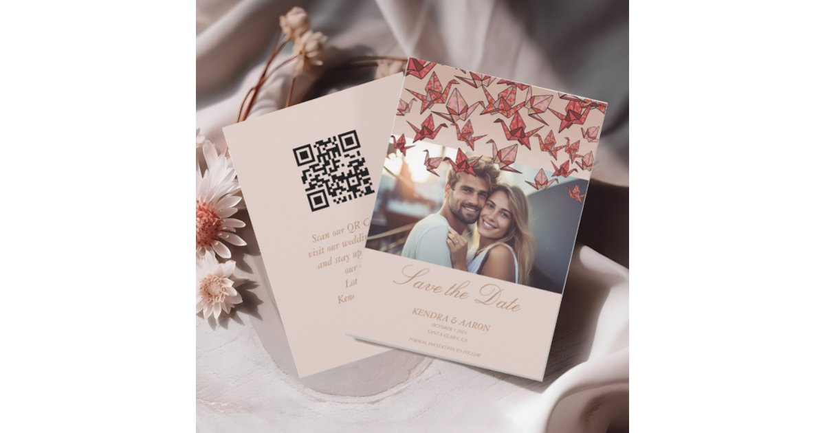 Beautiful Origami Paper Crane Photo QR Code Save The Date | Zazzle