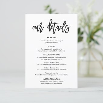 Beautiful Our Wedding Details, Black brush ink Enclosure Card | Zazzle