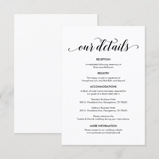 Beautiful Our Wedding Details, modern Black ink Enclosure Card | Zazzle