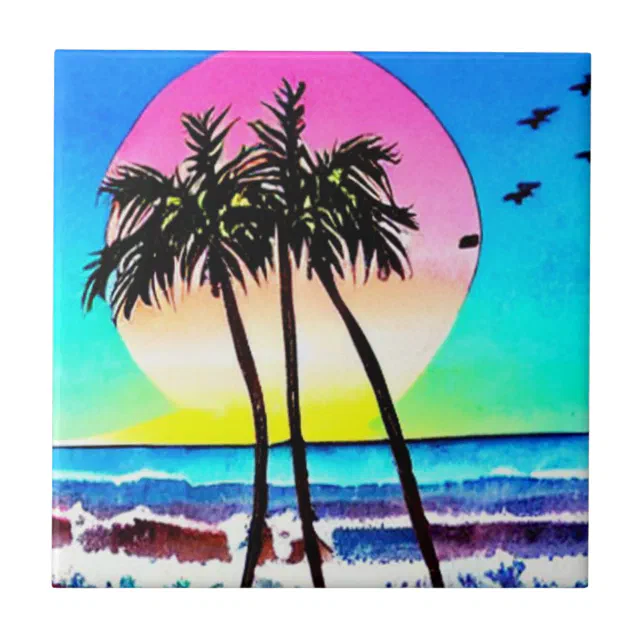 Beautiful Painting of Sunset at beach Ceramic Tile | Zazzle