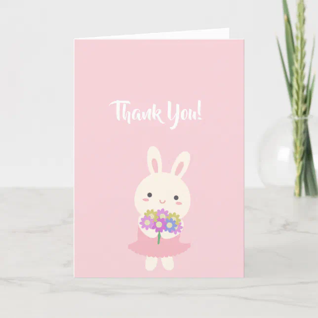 Beautiful Pastel Pink Cute Kawaii Bunny Rabbit Thank You Card | Zazzle