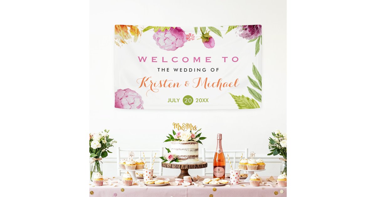 Beautiful Pastel Watercolor Floral Wedding Party Banner | Zazzle